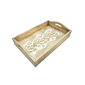 Hand Carved Wooden Breakfast Serving Tray with Handle for Breakfast Tea Snack Dessert | Kitchen Dining Serve-Ware Accessories | 15 x 10 Inches | 2049
