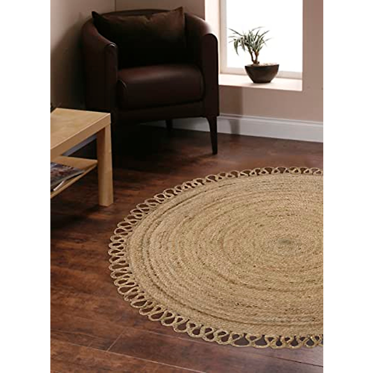MORE Natural Fiber Round Collection 5' x 5' Round Natural Handmade Boho Braided Jute Area Rug