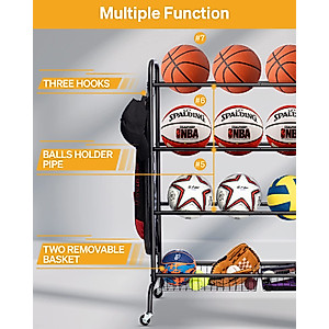 EXTCCT Basketball Rack, Outdoor Rolling Basketball Shooting Training Stand,Sports Equipment Storage with Wheels, Garage Four-layer ball Holder With Two Basket For Basketballs Footballs Volleyball