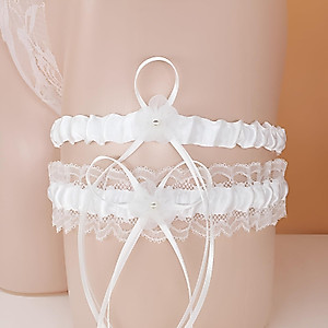 Lace Wedding Garters for Bride Pearl Stretch Prom Garter, Women Wedding Bridal Legs Garter Set (One Size, White)