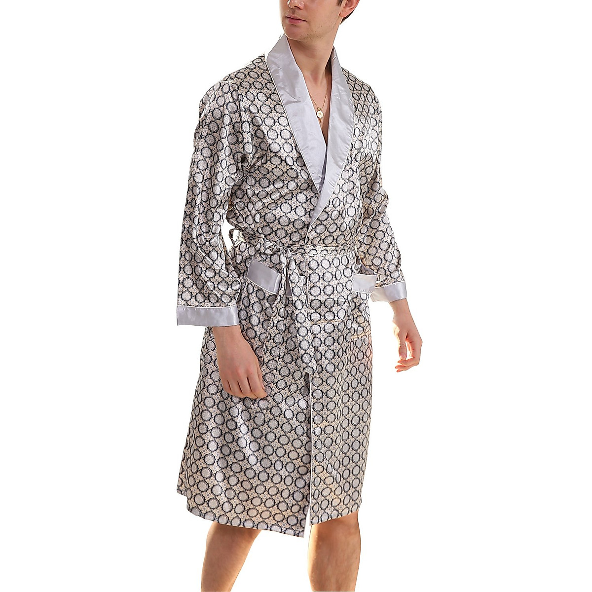 BridalAffair Men's Summer Luxurious Kimono Robe Soft Satin Bathrobe Long-Sleeve Nightgown Printed Pajamas Silver Gray, Large/X-Large