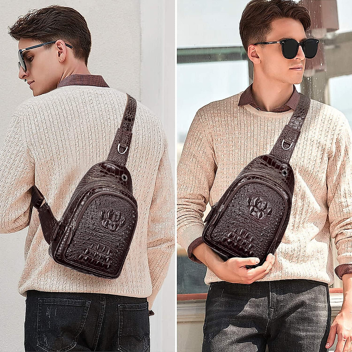 PIJUSHI Crocodile Leather Sling Bag for Men Casual Daypack Sling Backpack(PE020 Coffee RP)