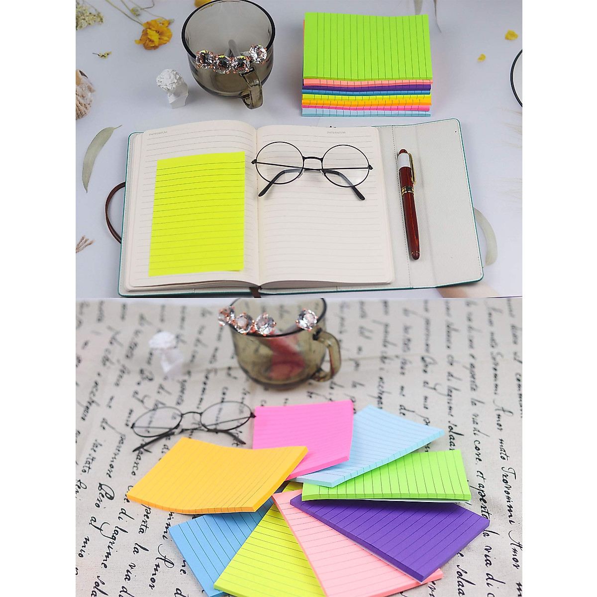(8 Pack) Lined Sticky Notes Post, 8 Colors Self Sticky Notes Pad Its 4X6 in, Bright Post Stickies Colorful Big Square Sticky Notes for Office, Home, School, Meeting,40 Sheets/pad