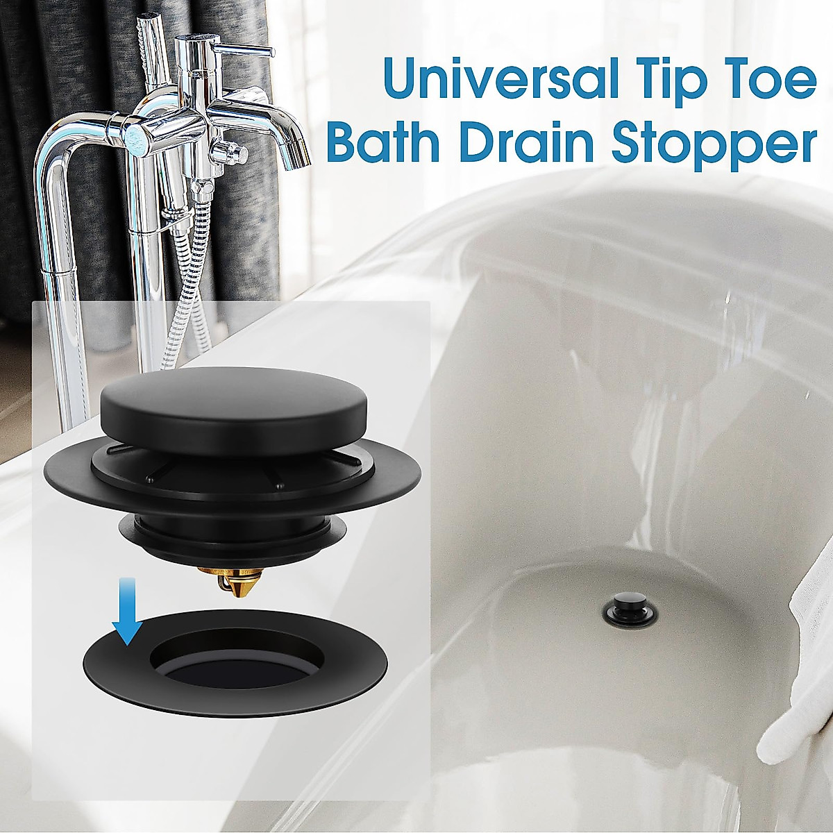 Bathtub Drain Stopper Universal Tip Toe Tub Stopper and Cover Pop Up Bath Drain Stopper Replaces Bath Tub Lift & Turn, Tip-Toe or Trip Lever Drains for Tub, EZ Install (Matt Black)