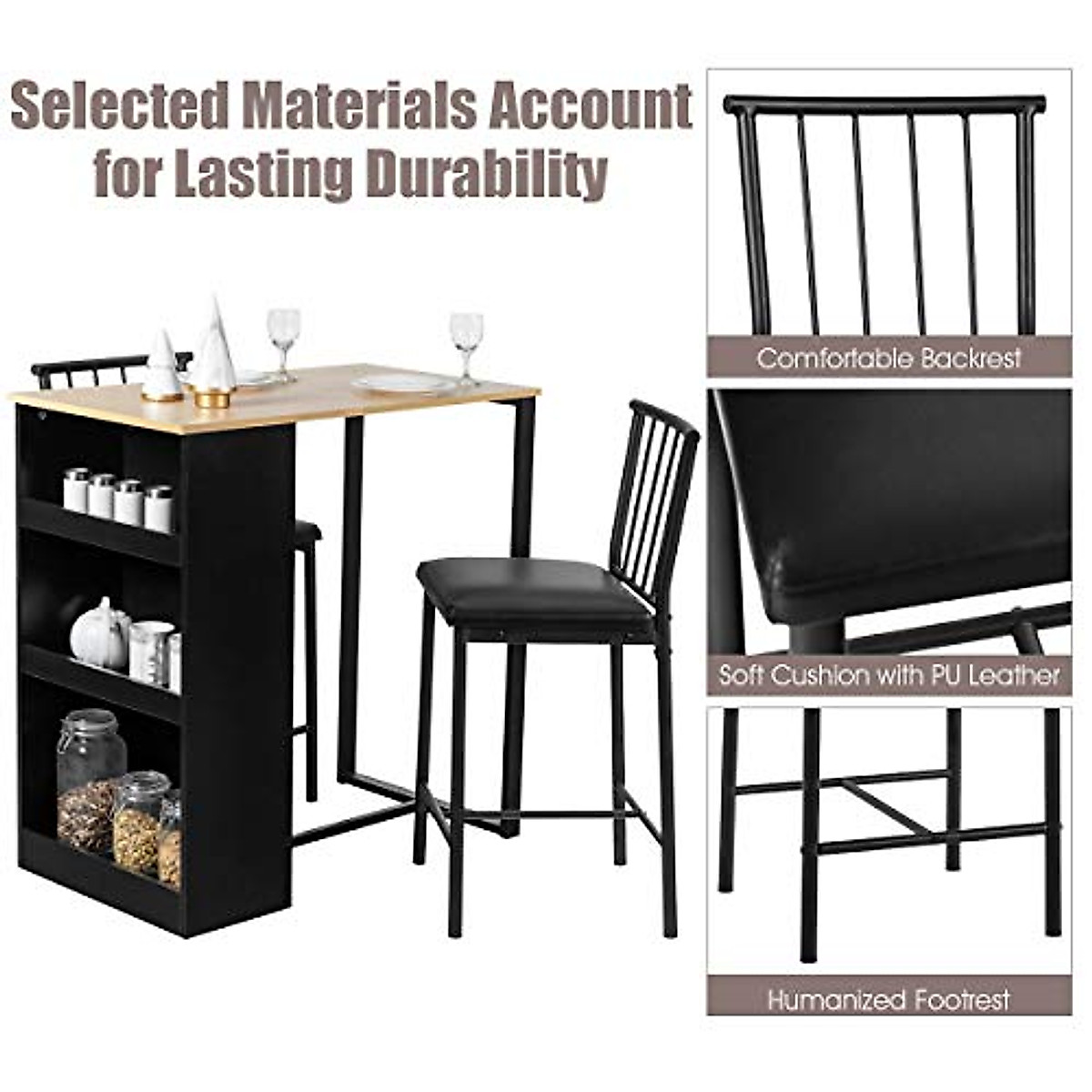 Giantex 3 Piece Pub Dining Set, Wooden Counter Height Table Set with 2 Bar Stools, Industrial Bar Table Set w/Storage, Sturdy Kitchen Table for Kitchen, Restaurant, Living Room (Natural)