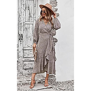 PRETTYGARDEN Women's Long Sleeve Vintage Flowy Dress Floral Print V-Neck Maxi Dresses with Belt (Khaki,Small)