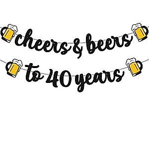 40 Birthday Banner Cheers to 40 Years Decorations for Men Women Him Her Happy Forty Birthday Anniversary Party Supplies Black Glitter PRESTRUNG