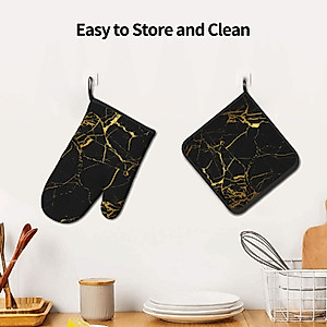 RENGMIAN Black Gold Marble Oven Mitts and Pot Holders Heat Resistant Oven Gloves Safe Cooking Baking Grilling