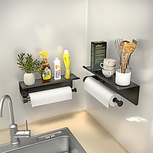 WEST TUNE Wall Mount Paper Towel Holder with Shelf for Kitchen, Single Hand Operable Bathroom Paper Towel Holder with Damping Effect, Self-Adhesive or Drill Mounting-Stainless Steel Matte Black