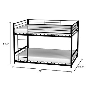 VINGLI Full Over Full Bunk Bed, Low Bunk Bed for Kids Floor Bed Full Size Bunk Bed for Adults,Heavy Duty Metal Slat, No Box Spring Needed, Black