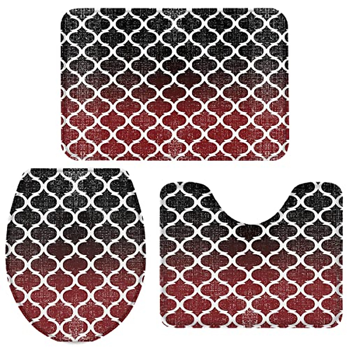 Bathroom Rugs, Memory Foam Bath Mat Bathroom Set, Gradient Red Black Moroccan Pattern Bath Rugs Bathroom Accessories, Home Decor Non-Slip Absorbent Soft Bath Mats for Bathroom, Tub, 3 Pieces