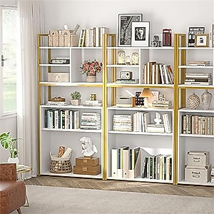 DIRKES White Industrial Bookshelf,6 Tier Tall Bookshelves Wood and Gold Metal Frame Standing Bookcase, Display Book Shelf with Adjustable Storage Shelves for Home Office, Living Room, Bed Room