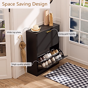 LYNSOM Shoe Cabinet, Free Standing Tipping Bucket Shoe Rack Organizer with 2 Flip Drawers, Modern Entryway Shoe Storage with Top Display, Narrow Slim Hidden Shoe Cabinet (Black)