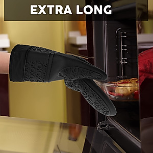 MIJOTEX Heat Resistant Silicone Oven Mitts Silicone Gloves- Set of 2 Extra Long Quilted Liner,1 Pair,12.99 inch (Black)