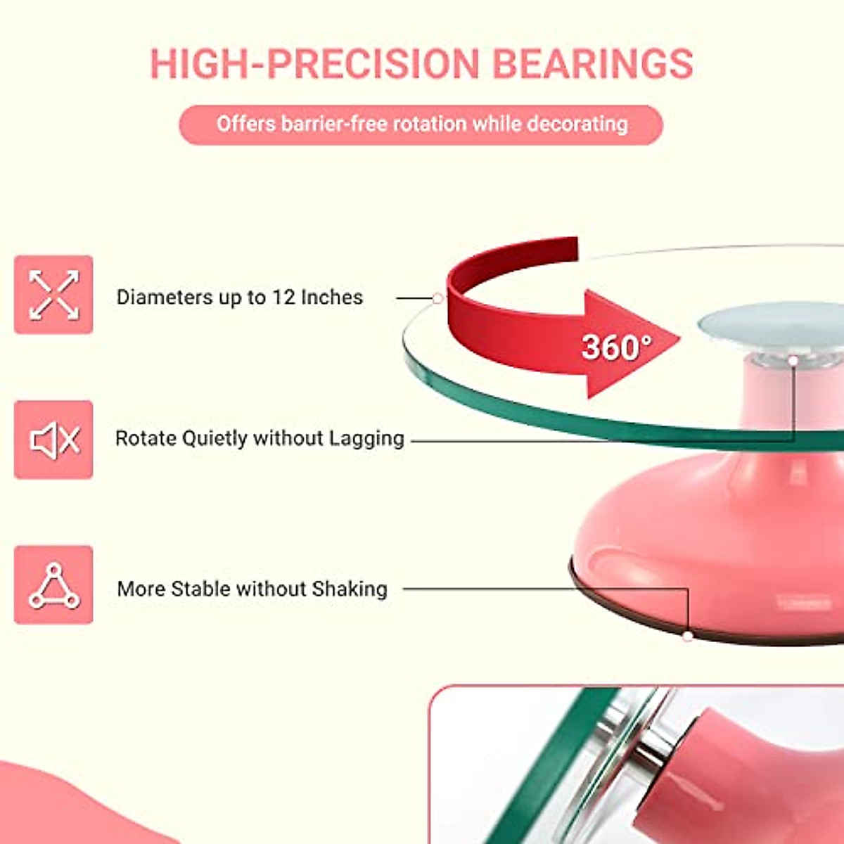Distlety 12 Inches Cake Turntable, Cake Turntable Rotating Cake Decorating, Ultra Quiet Glass Turntable Cake Stand with Pink Sturdy Base