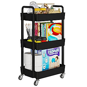 Laiensia 3-Tier Storage Cart,Multifunction Utility Rolling Cart Kitchen Storage Organizer,Mobile Shelving Unit Cart with Lockable Wheels for Bathroom,Laundry,Living Room,With Classified Stickers,Black