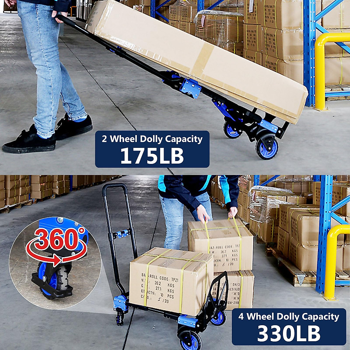 Folding Hand Truck and Dolly Cart Heavy Duty 330lb Load Carrying Portable 2 in 1 Convertible Hand Truck with 4 Rubber Wheels 2 Bungee Cords for Traveling,Office Use,Travel (Hand Truck with Basket)