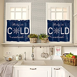 3 Piece Kitchen Curtain and Valances Set, Christmas Kitchen Curtains Set Rod Pocket Tier Short Curtains for Living Room Cafe Window Curtains 24 Inch Length Cold Winter Snowflakes Blue Backdrop