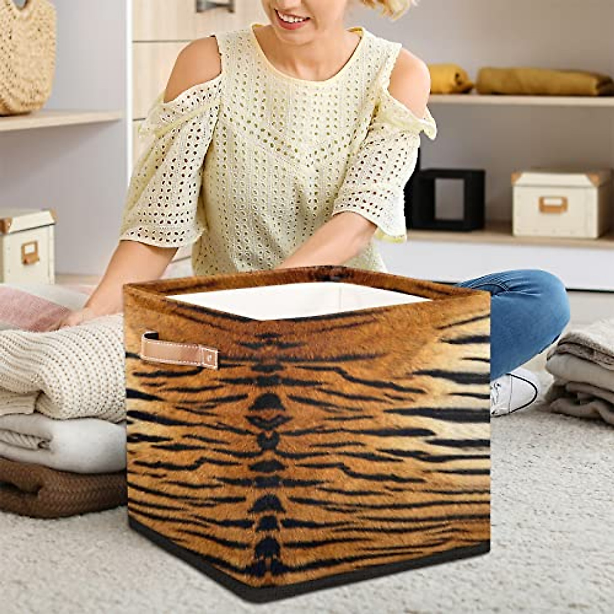 Animal Tiger Skin Print Storage Basket Bins for Organizing Pantry/Shelves/Office/Girls Room, Zebra Print Storage Cube Box with Handles Collapsible Toys Organizer 13x13