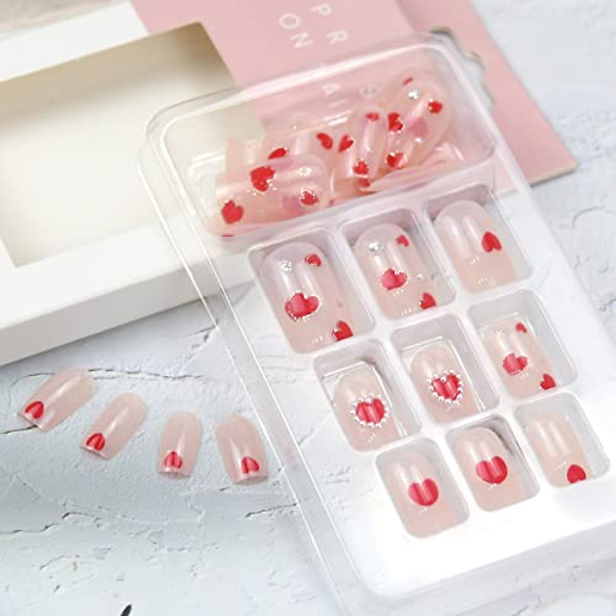 24pcs Valentine's Day Press on Nail Short Red Heart Fake Nail with White Peal Design Full Cover False Nail for Women Stciker on Nail wirh Glue red nail for Acrylic Nails Manicure Tip