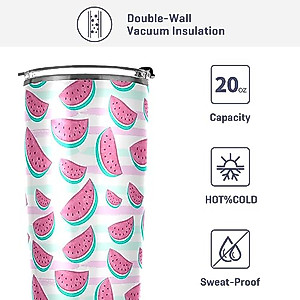 Jihqo Watercolor Striped Watermelon Tumbler with Lid and Straw, Insulated Stainless Steel Tumbler Cup, Double Walled Travel Coffee Mug Thermal Vacuum Cups for Hot & Cold Drinks 12oz