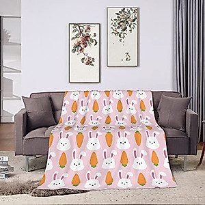 Rabbit and Carrot Throw Blanket Soft Warm Cozy Lightweight Blankets Cute Easter Bunny Flannel Blanket for Sofa Couch Bed Office Holiday Decorative 50"X40"