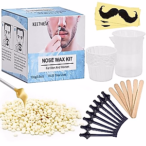Keethem Nose Wax Kit for Men and Women - Instant Hair Removal, 100g Hard Wax, 20 Applicators, 10 Mustache Guards, and 10 Paper Cups - Painless, Safe, and Long-Lasting Results with 20x Usage - Black Applicators
