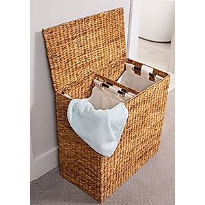 BirdRock Home Water Hyacinth Laundry Hamper Divided Interior (Natural) - Eco Friendly - Made of Hand Woven Hyacinth Fibers - Includes Two Removable Cotton Liners Bag - Wicker Laundry Basket with Lid