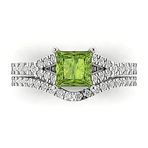 Clara Pucci 2.01ct Princess Cut Laser Engraving Green Peridot Engagement Wedding Bridal Ring Band set Curved 18K White Gold Size 4.75