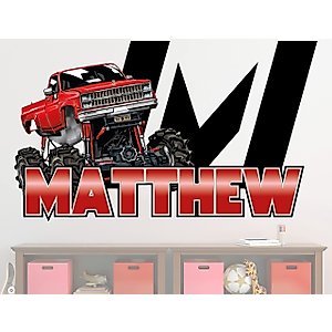 Personalized Monster Truck Wall Decals - Monster Truck Wall Stickers for Wall Decor - Monster Truck Room Decor for Boys - Monster Jam Wall Decals for Kids Bedroom - Customized Name Wall Decor
