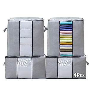 Daily Treasures Extra Large Blanket Bags, 4Pcs Fabric Clothes Storage Bags - with Clear Window & Reinforce Handles, Perfect for Blankets, Comfoters, Sweater Storage(Grey)