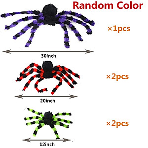 BEIGUO 5pcs Halloween Spider Giant Spider with Red Eyes Colorful Hairy Scary Halloween Spider Decorations for Indoor,Outdoor(1pcs 30",2pcs 20",2pcs 12")