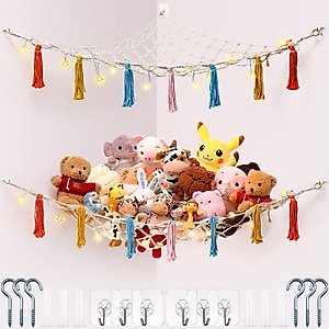 2 Set Stuffed Animal Net or Hammock with LED Light Colorful Tassels Boho Macrame Toy Hammock For Stuffed Animals Corner Plush Toy Net Holder Storage Organizer for Nursery Play Room Bedroom