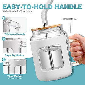 VOKOVO 32oz Glass Tumbler with Bamboo Lid and Straw, Glass Water Bottles with Time Marker, Iced Coffee Cup with Handle, Two Straw - Boba Straw & Drinking Straw Silicone Protective Sleeve-White