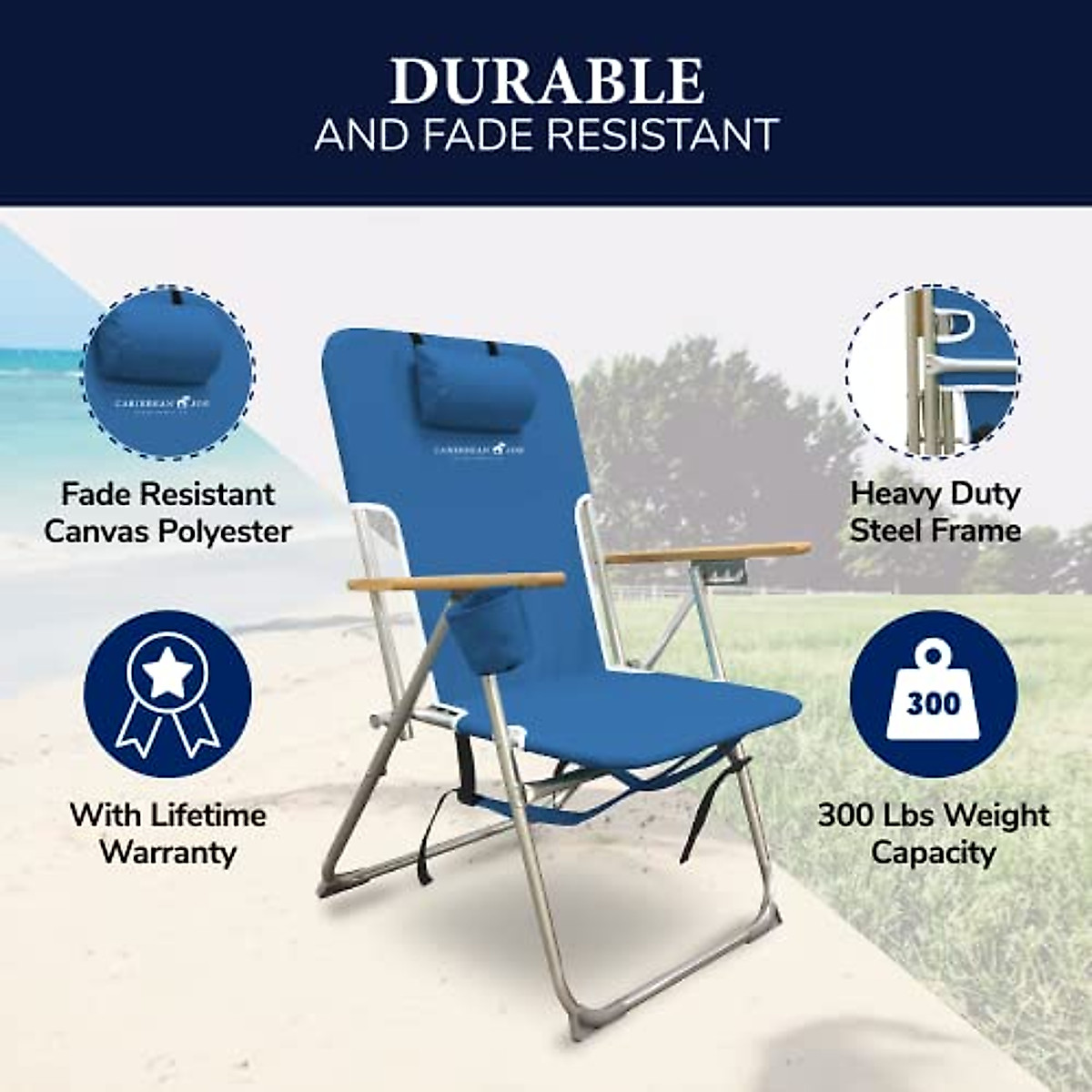 Caribbean Joe Folding Beach Chair, 4 Position Portable Backpack Foldable Camping Chair with Headrest, Cup Holder, and Wooden Armrests, Blue