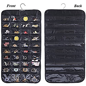Hanging Jewelry Organizer, Double Sided 80 Pocket Jewelry Chain Storage Bag 2 Layer of Fabric Jewelry Organizer Holder for Necklace Bracelet Earring Ring Chain Knitting Tool-Black