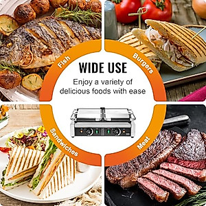 VEVOR Commercial Panini Grill, 3600W Electric Sandwich Panini Maker, Stainless Steel Double Sandwich Press, Panini Grill Temp Control & 19"x9" Full Grooved Enamel Plate, for Hamburger Steak Bacon