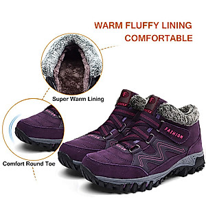 TBWM Women Winter Thermal Villi Leather Platform Fashion high top Boots Outdoor Walking Shoes Non-Slip Hiking Shoes Purple