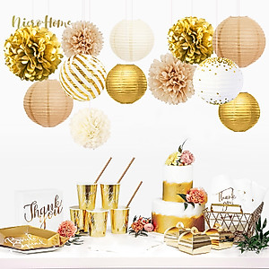 NICROHOME Gold and White Party Decorations, 12 PCS White Gold Champagne Tissue Paper Pom Poms and Lanterns for Birthday Graduation Baby Shower Bridal Prom Festival Decorations and Party Decor