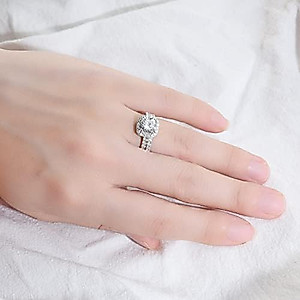 DovEggs Solid 14K White Gold Center 2ct 7.5mm G-H-I Color Cushion Cut Created Moissanite Halo Engagement Ring with Accents (6.5)