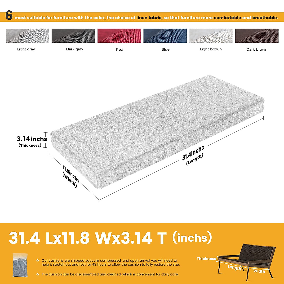 ROFIELTY Custom Size Bench Cushion Patio Bench Seating Cushion Indoor Bench Cushion Outdoor/Indoor Bench/Swing Cushion Porch Swing Cushion Bench Pads (Red,31.4 * 11.8 * 3.14in)