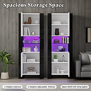 AMERLIFE Modern Set of 2 Bookcase, LED 68in Storage Cabinet with 6 Tiers for Storage & 3 Adjustable Shelves, High Glossy Display Case for Living Room, Home Office, Study Room, White