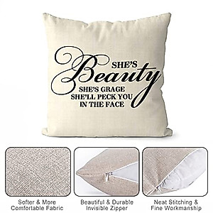 Farmhouse Pillow Covers 18x18 She's Beauty,She's Grage She'll Peck You in The Face Cotton Linen Throw Pillow Covers Decorative Home Decor Square She's Beauty Cushion Case for Couch