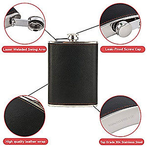 Hip Flask Gift Set, Hip Flasks for Liquor for Men with Black Leather Cover, 8 Oz Hip Flask Set, 18/8 Stainless Steel Hip Flasks for Liquor with 2 Cups & Funnel, Flasks for Liquor for Men Gift Box
