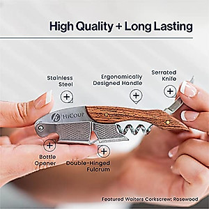 Hicoup Wine Opener - Professional Corkscrews for Wine Bottles w/ Foil Cutter and Cap Remover - Manual Wine Key for Servers, Waiters, Bartenders and Home Use - Stainless Steel w/ Sapphire Resin Inlay