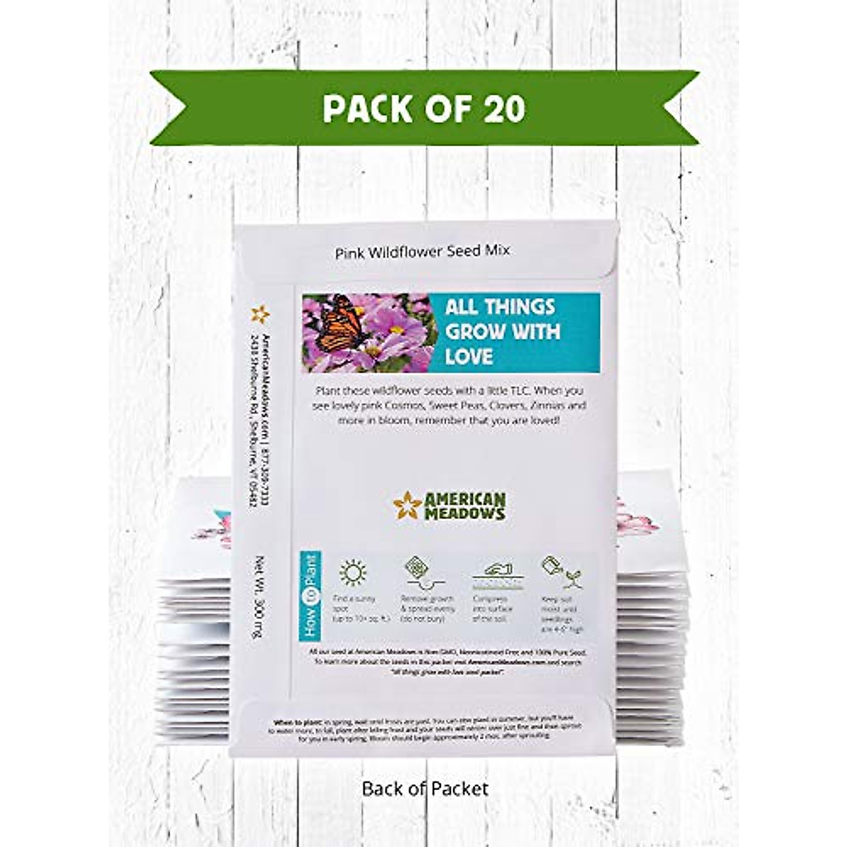 American Meadows Wildflower Seed Packets ''All Things Grow with Love'' Party Favors (Pack of 20) - Wildflower Seed Mix, Party Favors for Weddings, Valentine's Day, Anniversaries, Thank You