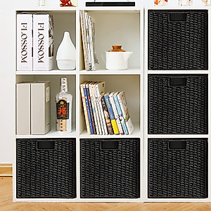 Vagusicc Wicker Baskets for Storage, Set of 4 Hand-Woven Storage Baskets for Shelves, Foldable Cube Storage Baskets Bins with Handles, Small Wicker Baskets for Organizing Pantry Bedroom, Black