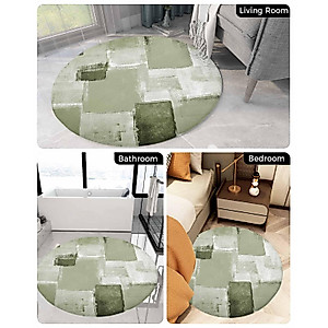 Sage Green Geometric Fluffy Round Area Rug Carpets 3ft, Plush Shaggy Carpet Soft Circular Rugs, Non-Slip Fuzzy Accent Floor Mat for Living Room Bedroom Nursery Decor Modern Abstract Smear Street Art