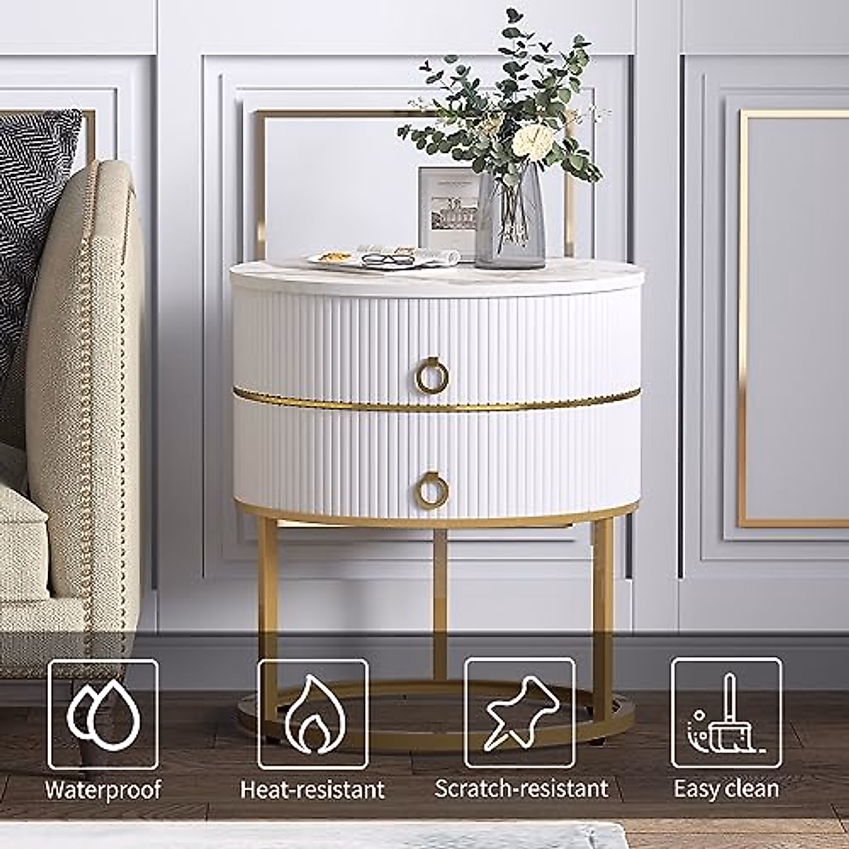 O&K FURNITURE Marble End Table with Storage, Round Nightstand with Drawer, White and Gold Side Table Metal Legs for Bedroom Living Room, Bedside Table Furniture, Marbling Natural Stone