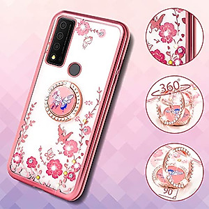 nancheng Phone Case for TCL 30 XE 5G, Case for 6.52-inch TCL 30 XE 5G Cute Soft Silicone Pink Cover for Girls Women with Ring Kickstand Shockproof Protection Case - Rose Butterfly